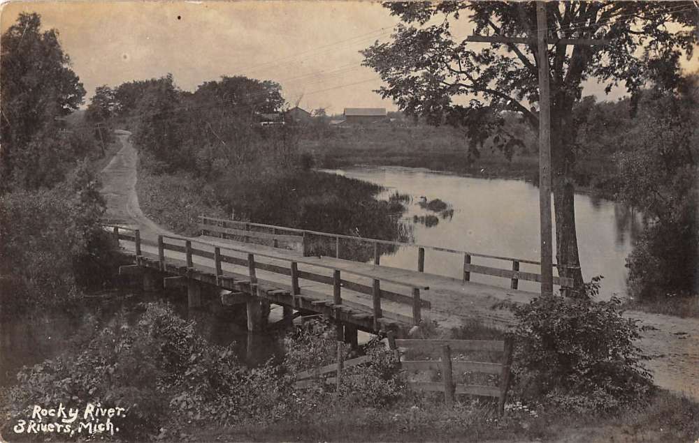 Three Rivers Michigan birds eye view Rocky River & bridge real photo pc ...