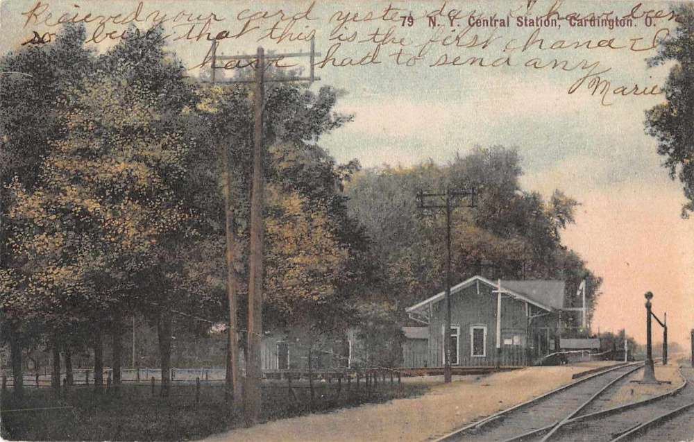 Cardington Ohio birds eye view NY Central Train Station antique pc ...