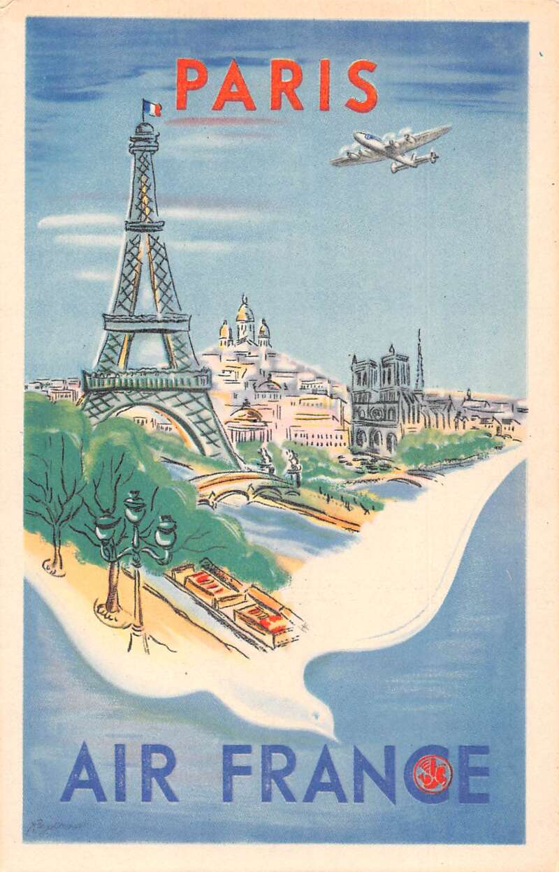 Air France Paris Airline Ad Eiffel Tower Vintage Postcard AA31306 ...
