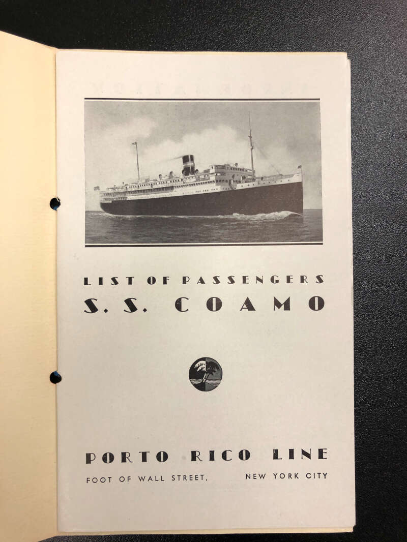 Porto Rico Line SS Coamo List of Passengers and Information Booklet ...