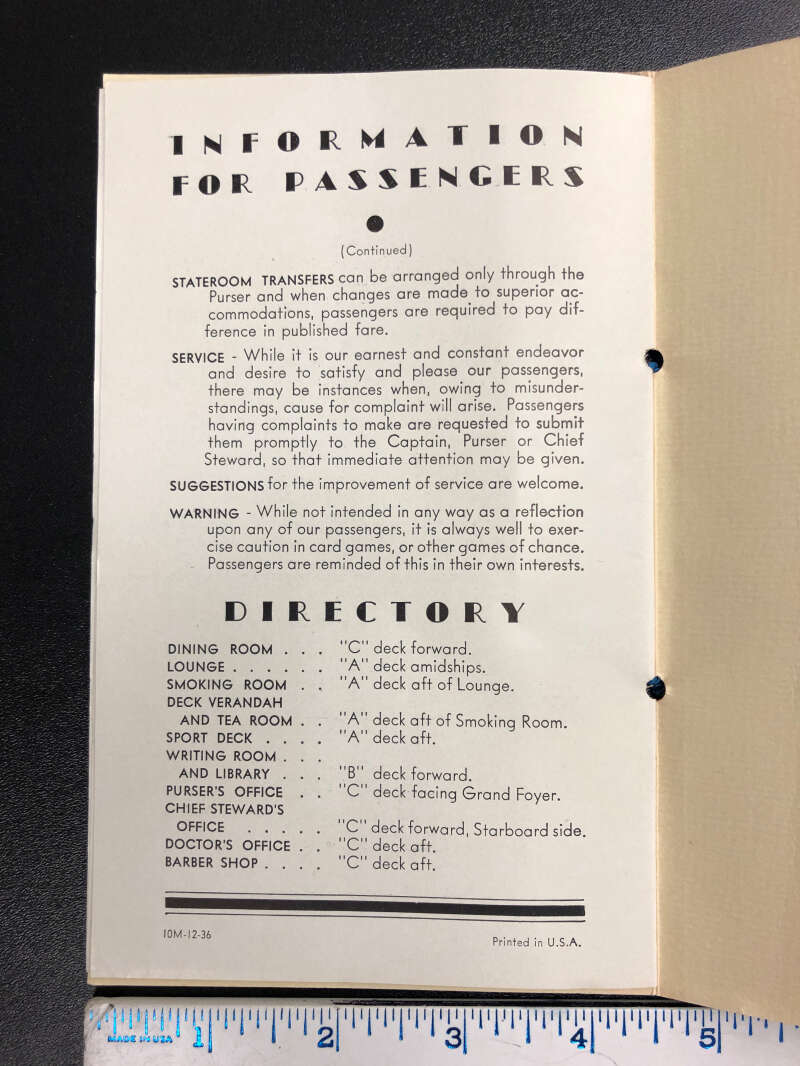 Porto Rico Line SS Coamo List of Passengers and Information Booklet ...