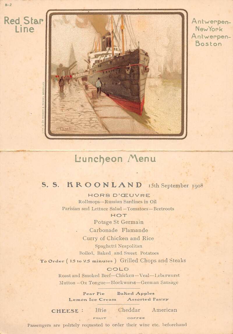 Red Star Line SS Kroonland Lunch Menu Steamer at Dock Postcard AA46848 ...